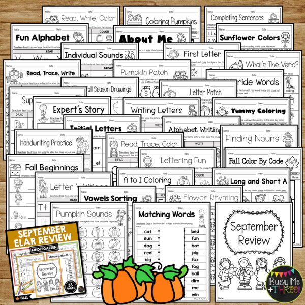 Kindergarten Fall Review ELA Worksheets | September No Prep - Teaching ...