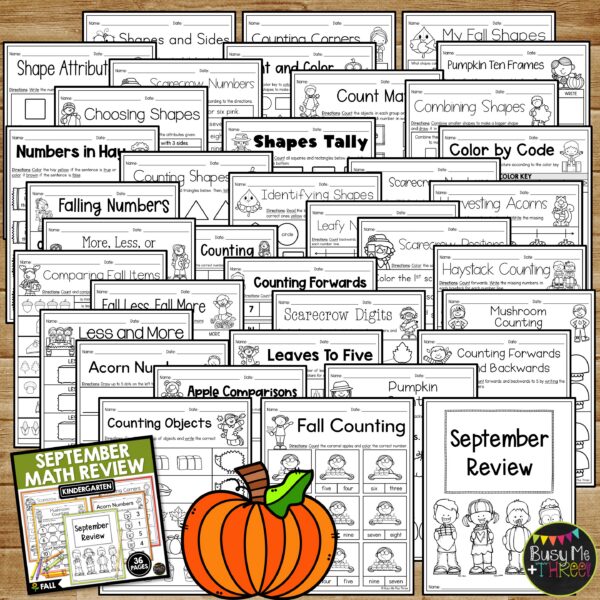 Kindergarten Fall Math Worksheets No Prep September Review - Teaching ...