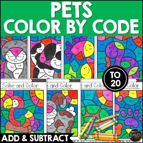 Pets Color by Code Addition Subtraction to 20 - Teaching Ideas Made Easy