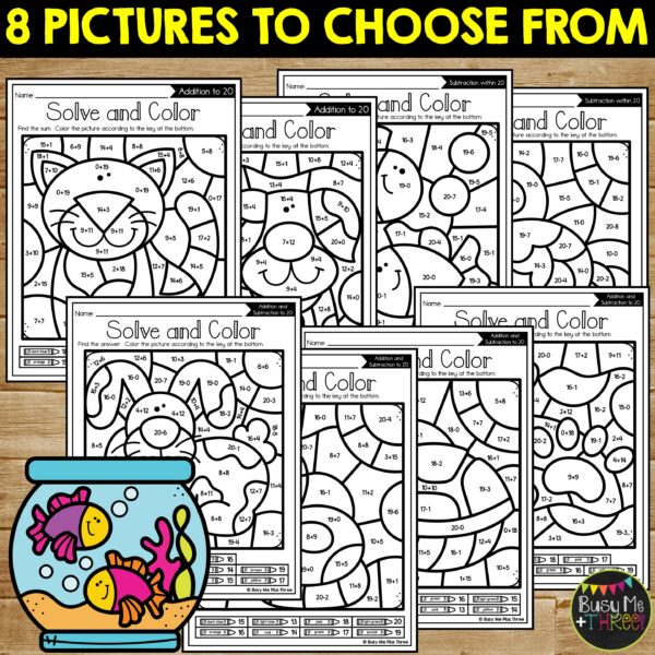 Pets Color by Code Addition Subtraction to 20 - Teaching Ideas Made Easy