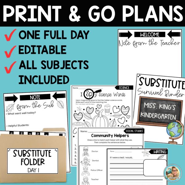 Fall Emergency Sub Plans Kindergarten FULL DAY Print & Go EDITABLE ...