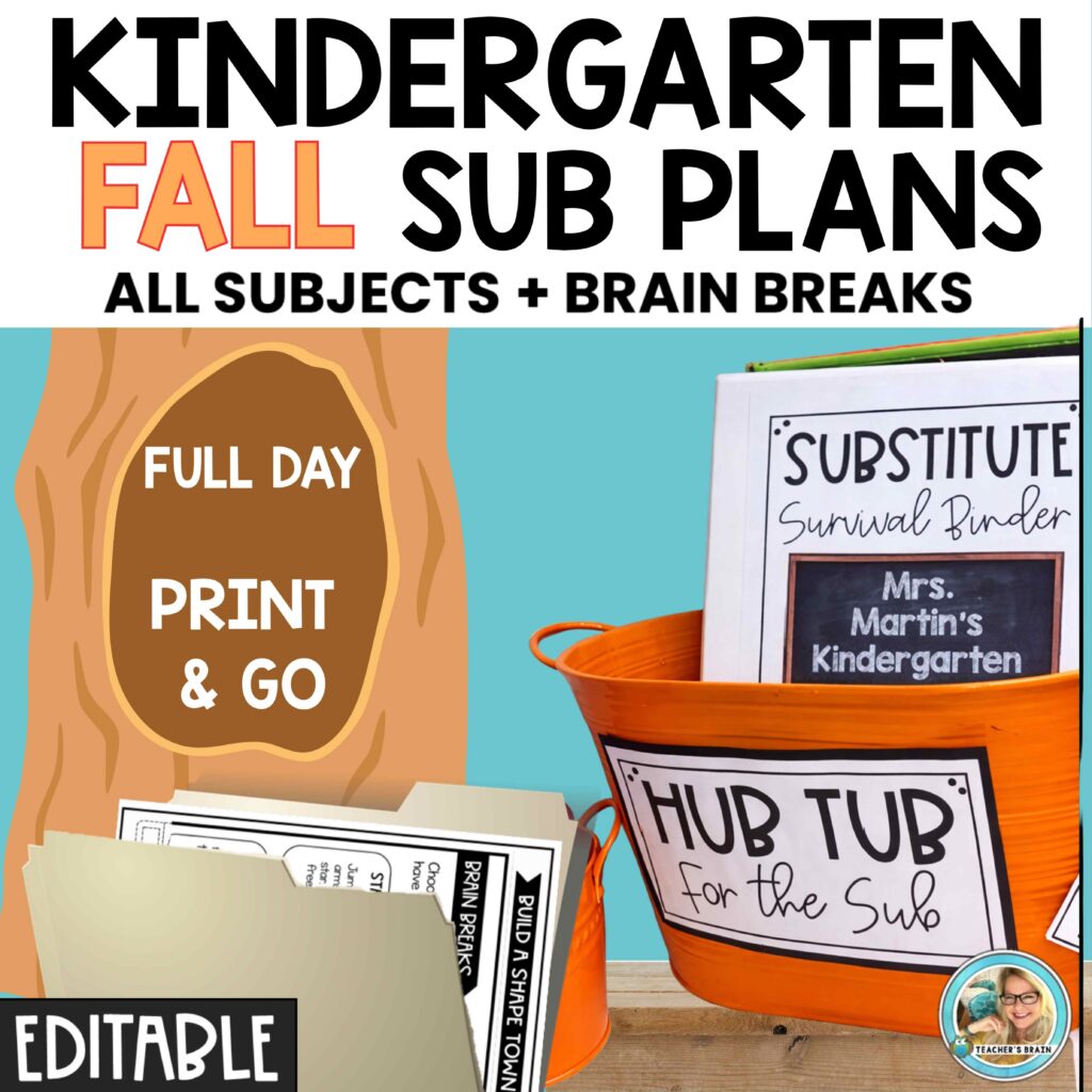 Fall Emergency Sub Plans Kindergarten FULL DAY Print & Go EDITABLE ...
