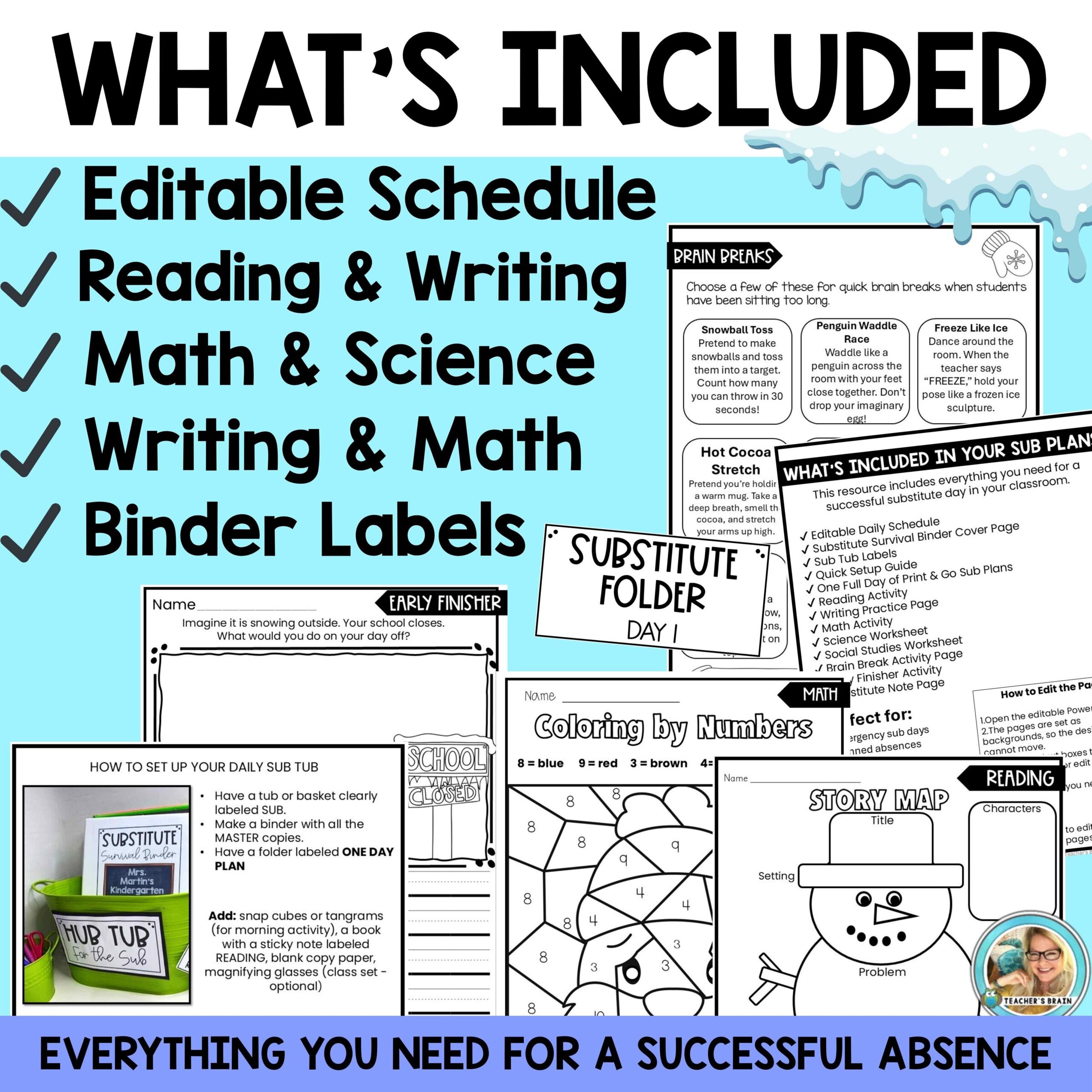 Winter Emergency Sub Plans Kindergarten FULL DAY Print & Go EDITABLE ...