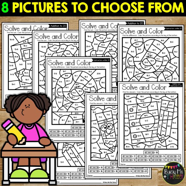 Color by Number Addition Subtraction to 20 Worksheets - Teaching Ideas ...