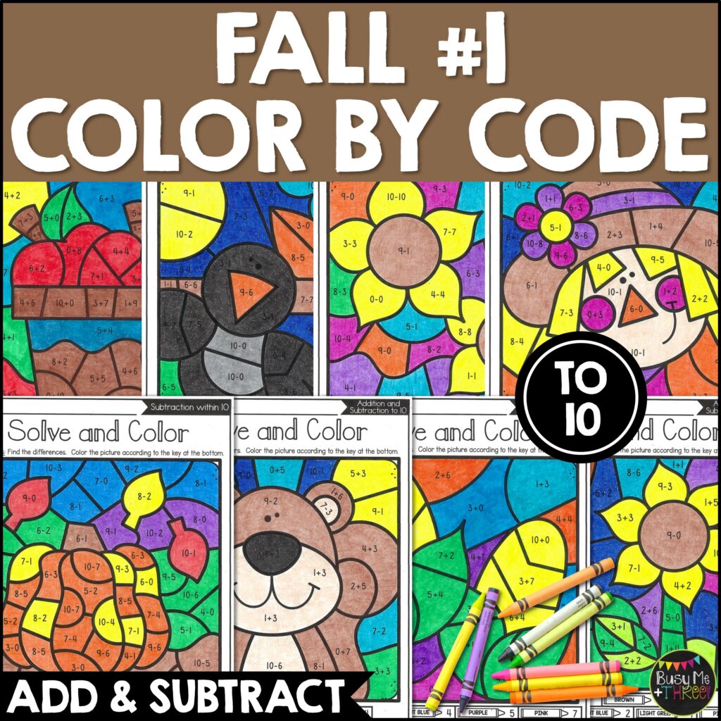 Fall Color by Code Math Worksheets K-1 Add Subtract - Teaching Ideas ...