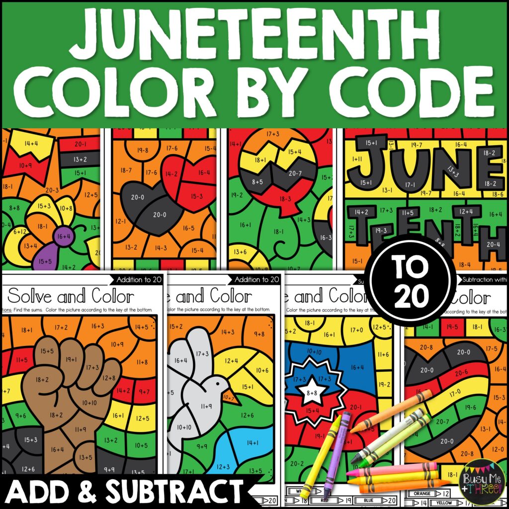 Juneteenth Color by Number Addition Subtraction to 20 - Teaching Ideas ...