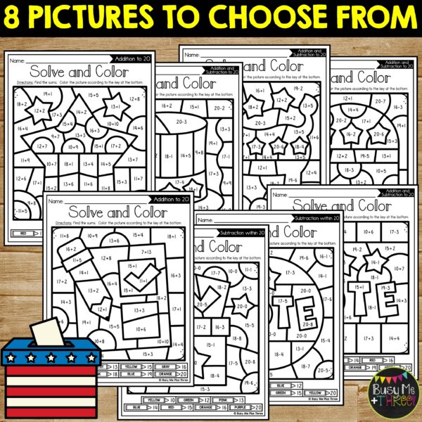 Election Day Color by Code Math Add and Subtract to 20 - Teaching Ideas ...