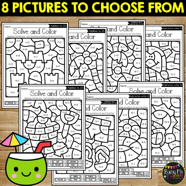 Summer Color by Code Add Subtract to 20 Worksheets - Teaching Ideas ...